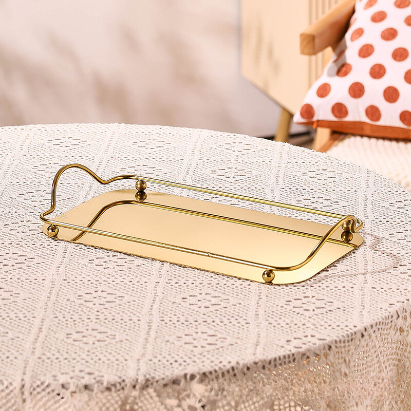 Nordic Creative Coffee Water Cup Stainless Steel Tray ins Style Jewelry Mirror Binaural Decorative Flat Bottom Square Plate Imitation Gold Tray