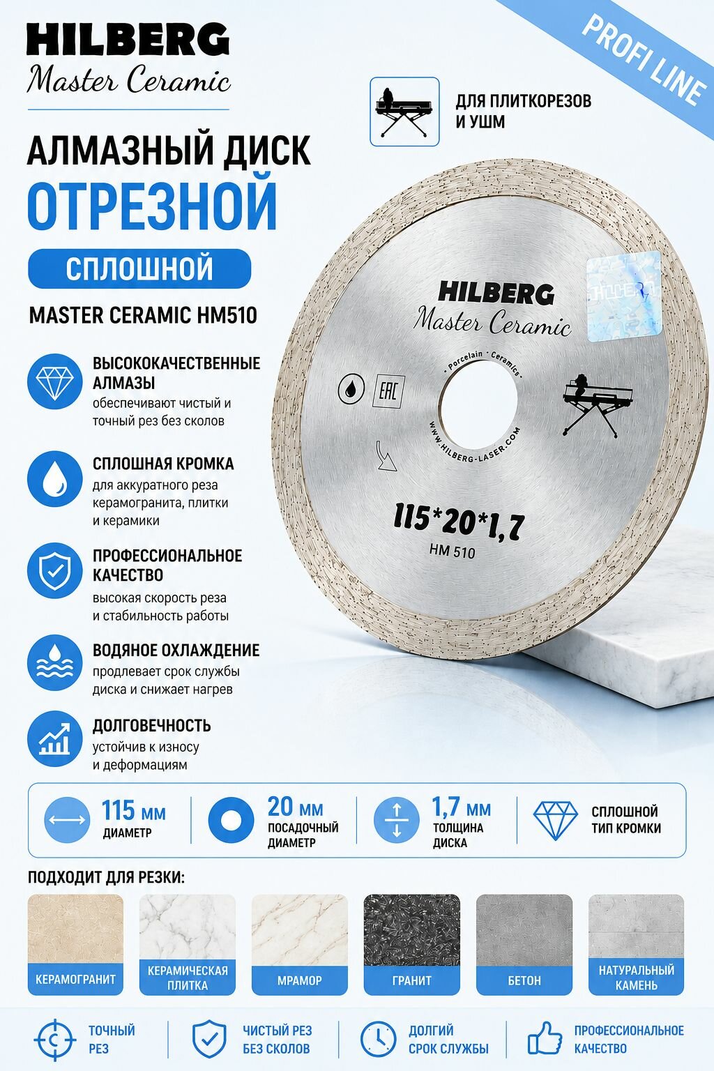 Диск алмазный отрезной Hilberg Master Ceramic сплошной 115x20x1,7 HM510