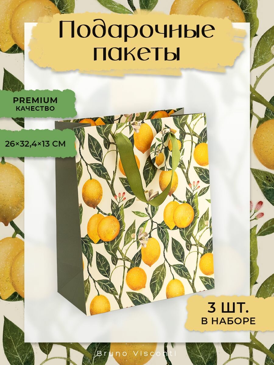 Подарочный пакет "L" PREMIUM "FLORA. LEMONS" Bruno Visconti, 26 x 32.4 x 13 см, 3 шт/ подарочные пакеты с ручками