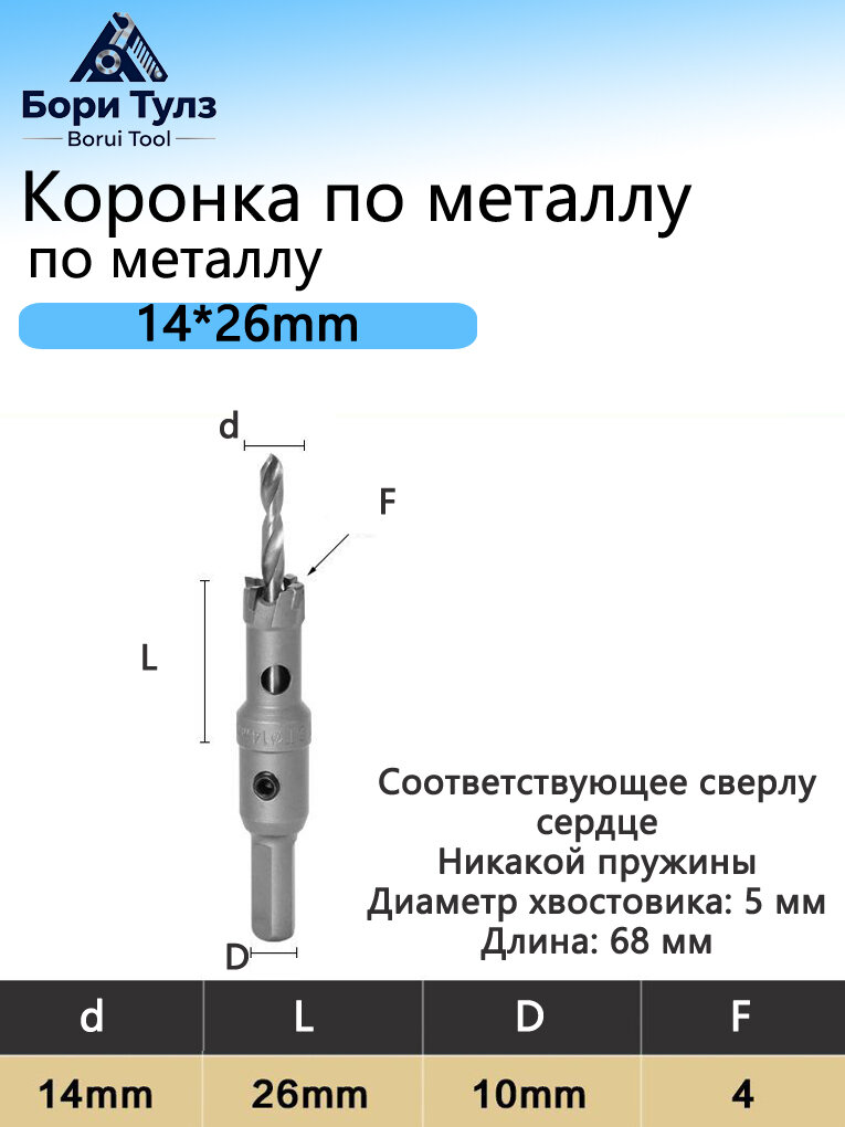 Коронка (корончатое сверло) по металлу 14 мм, твердосплавная, с центрирующим сверлом, хвостовик 10mm (трехгранный)