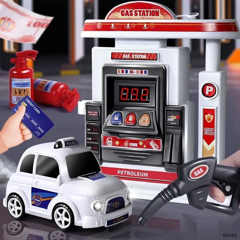Детская игрушечная автозаправочная станция с полицейской машинкой, светом и паром — фото 1