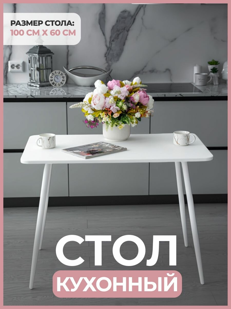 Стол кухонный обеденный 100*60 см. белый/белые ножки