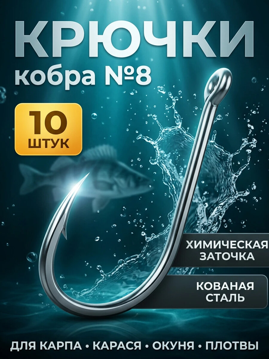 Крючки рыболовные Кобра №8, 10 шт, одинарные, кованые, химическая заточка, на карася, карпа, окуня, плотву