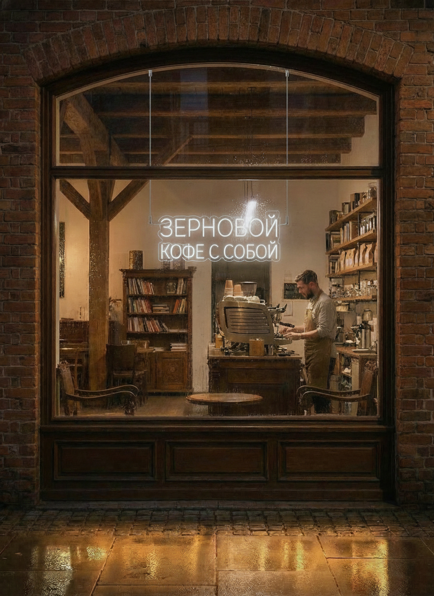 Неоновая вывеска "зерновой кофе С собой" 80х37 см, неоновая надпись, LED светильник для кафе, кофейни