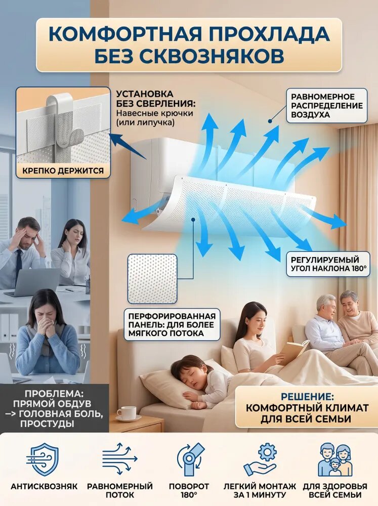 Экран для кондиционера, универсальный дефлектор-отражатель воздуха 27x90 см, без сверления-регулируемый антисквозняк, для сплит-системы в спальню