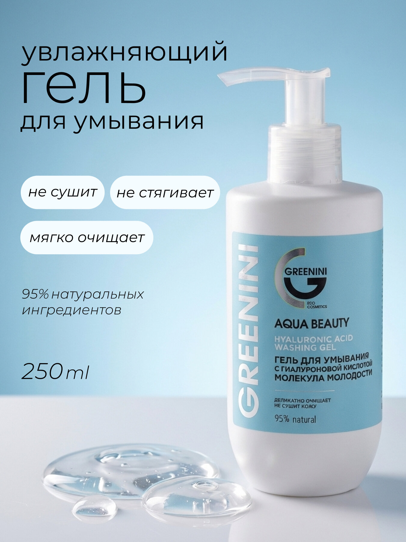 Greenini Гель для умывания с гиалуроновой кислотой Молекула молодости Aqua Beauty 250 мл
