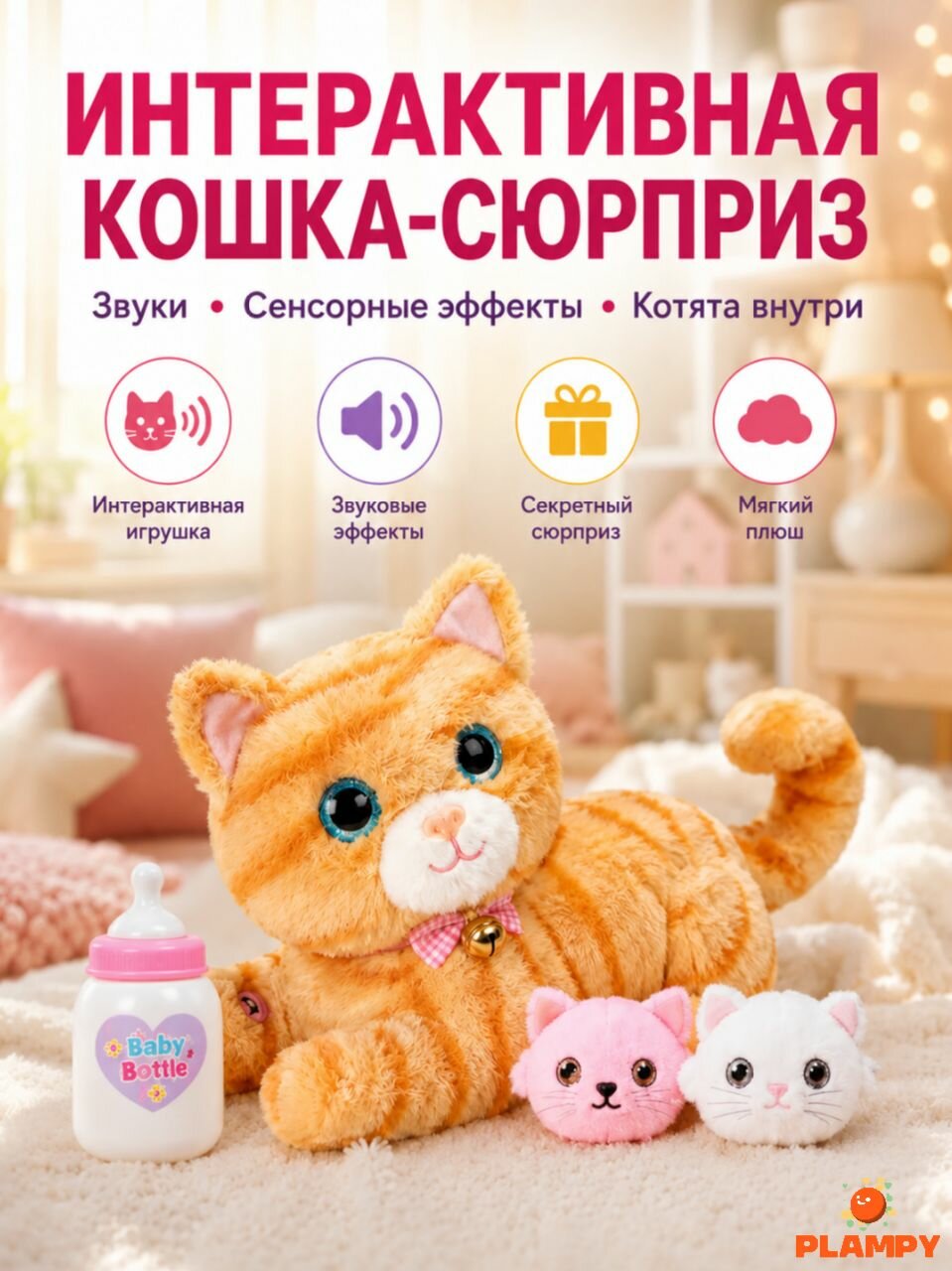 Интерактивная мягкая рыжая кошка Plampy с котятами в животе, звуковыми эффектами и бутылочкой