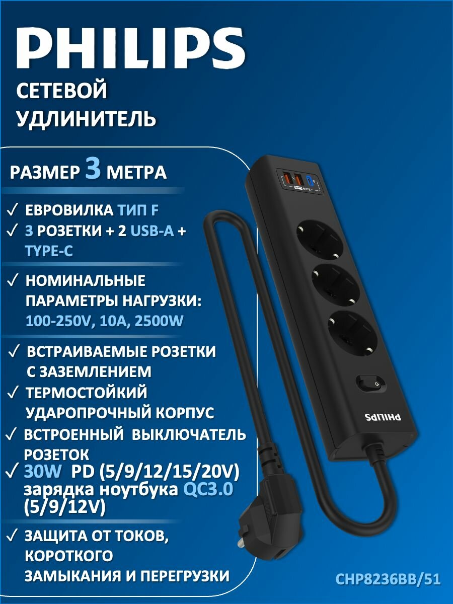 Сетевой фильтр удлинитель Philips CHP8236BB/51 с тремя стандартными розетками EU, 2 USB-A, Type-C, с заземлением и защитой от перегрузок, 3 м, черный
