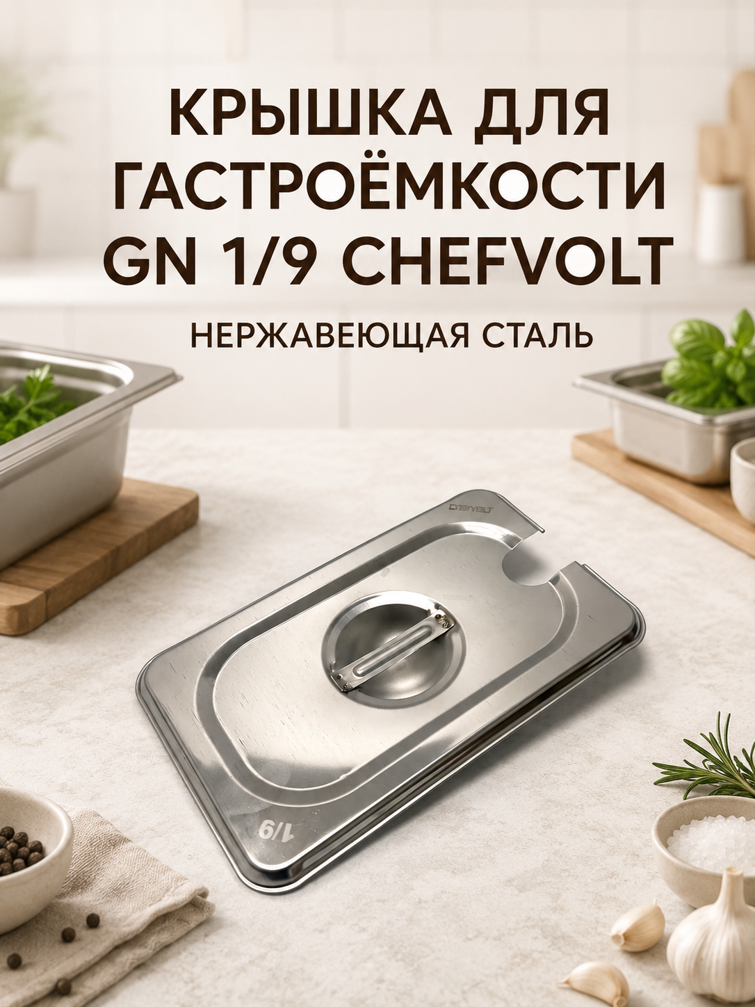 Крышка для гастроемкости GN 1/9, с отверстием для ложки, нержавеющая сталь CHEFVOLT