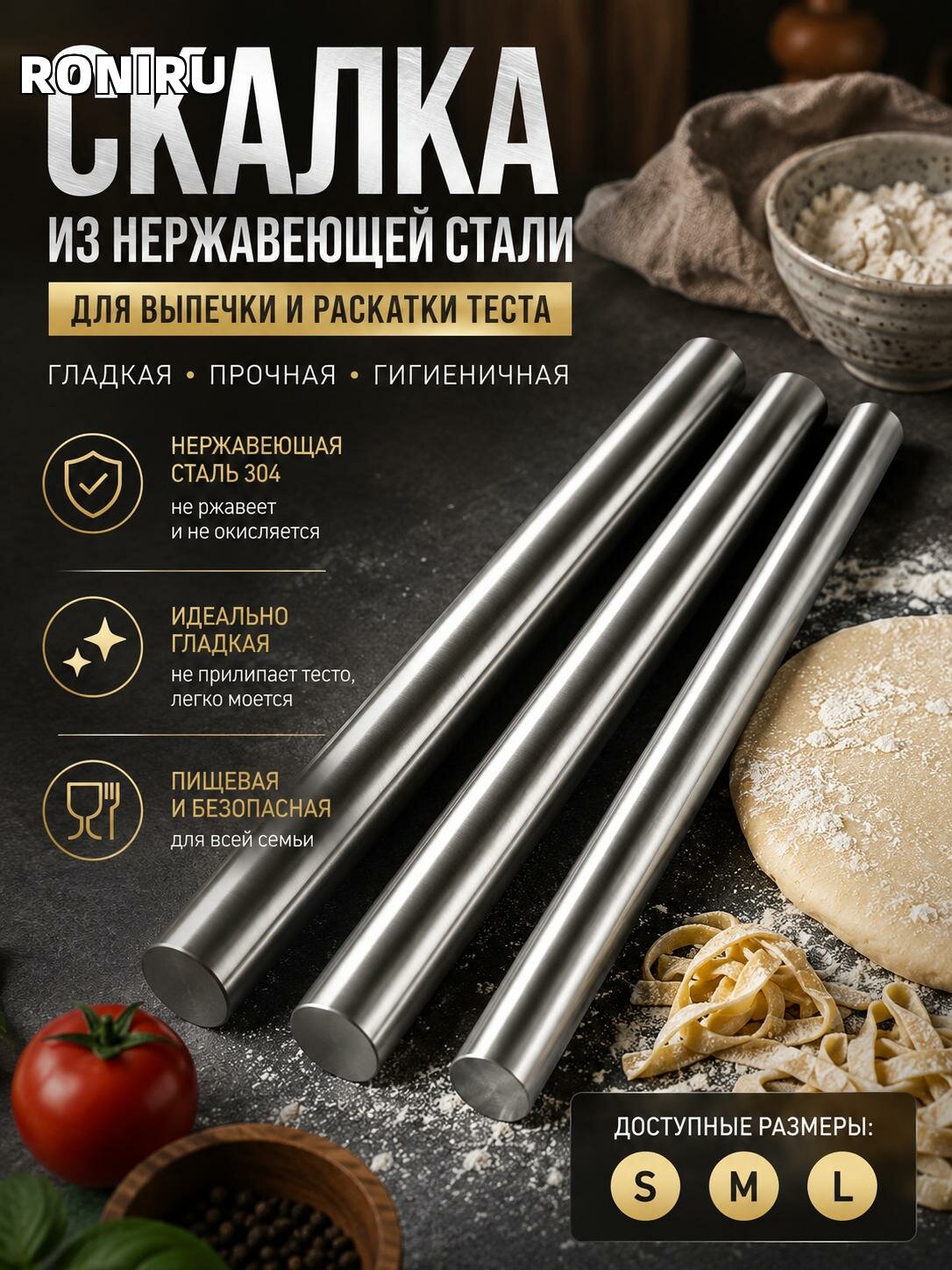 Скалка из нержавеющей стали для выпечки и раскатки теста — гладкая пищевая скалка, доступно в размерах S, M, L.