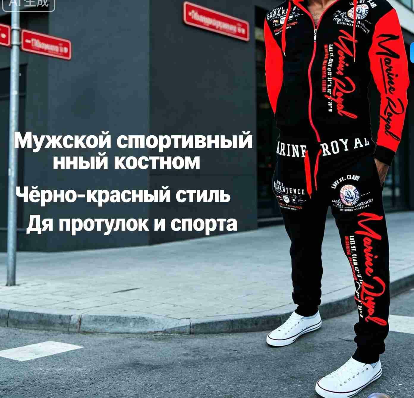Мужской спортивный костюм, с капюшоном, на молнии, хлопок, красный