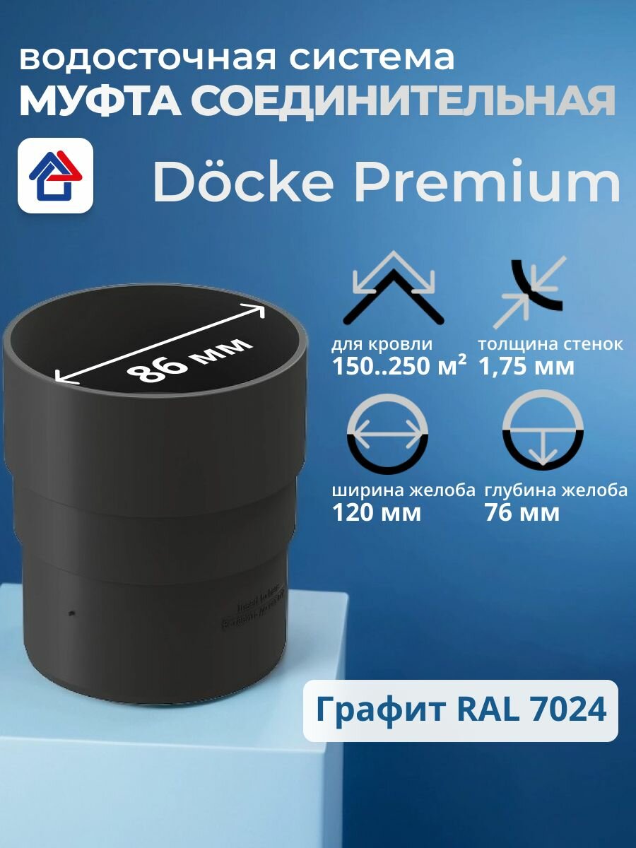 Соединитель, муфта для трубы водостока Docke Premium, графит, 1 шт.