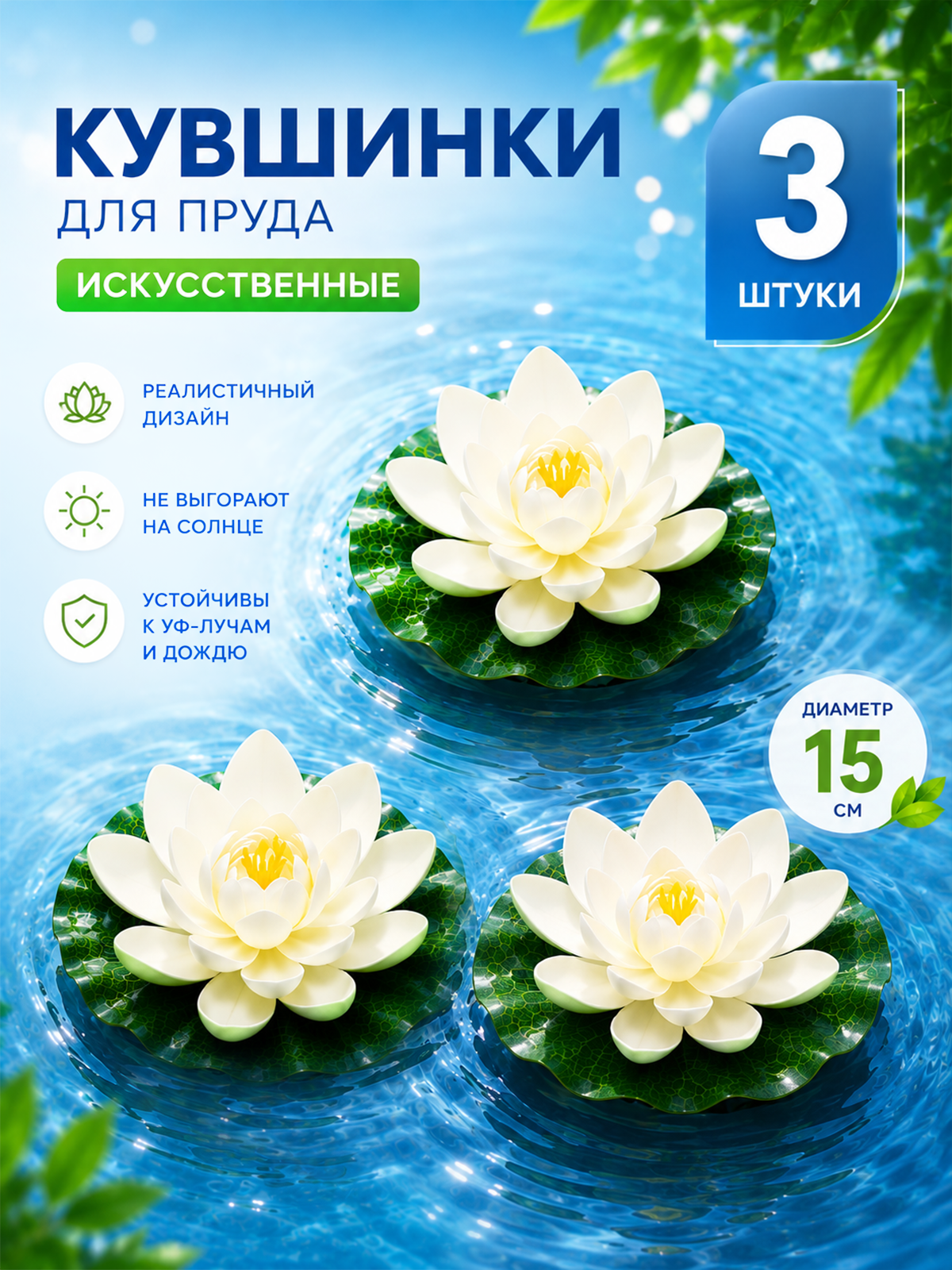 Кувшинки для пруда, искусственные белые 3 штуки, диаметр 15 см