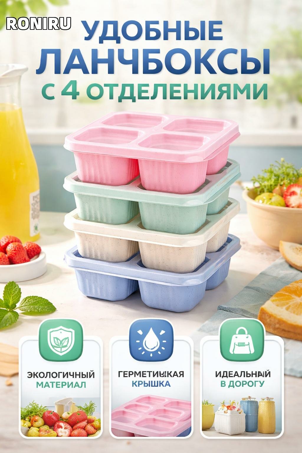 Экологичный удобный контейнер для бенто с 4 отделениями и крышкой с ушками — ланчбокс для работы, школы, путешествий
