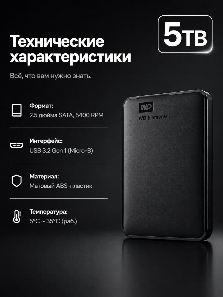 Портативный HDD WD Elements Portable 5ТБ, компактный, USB 3.2 Gen1