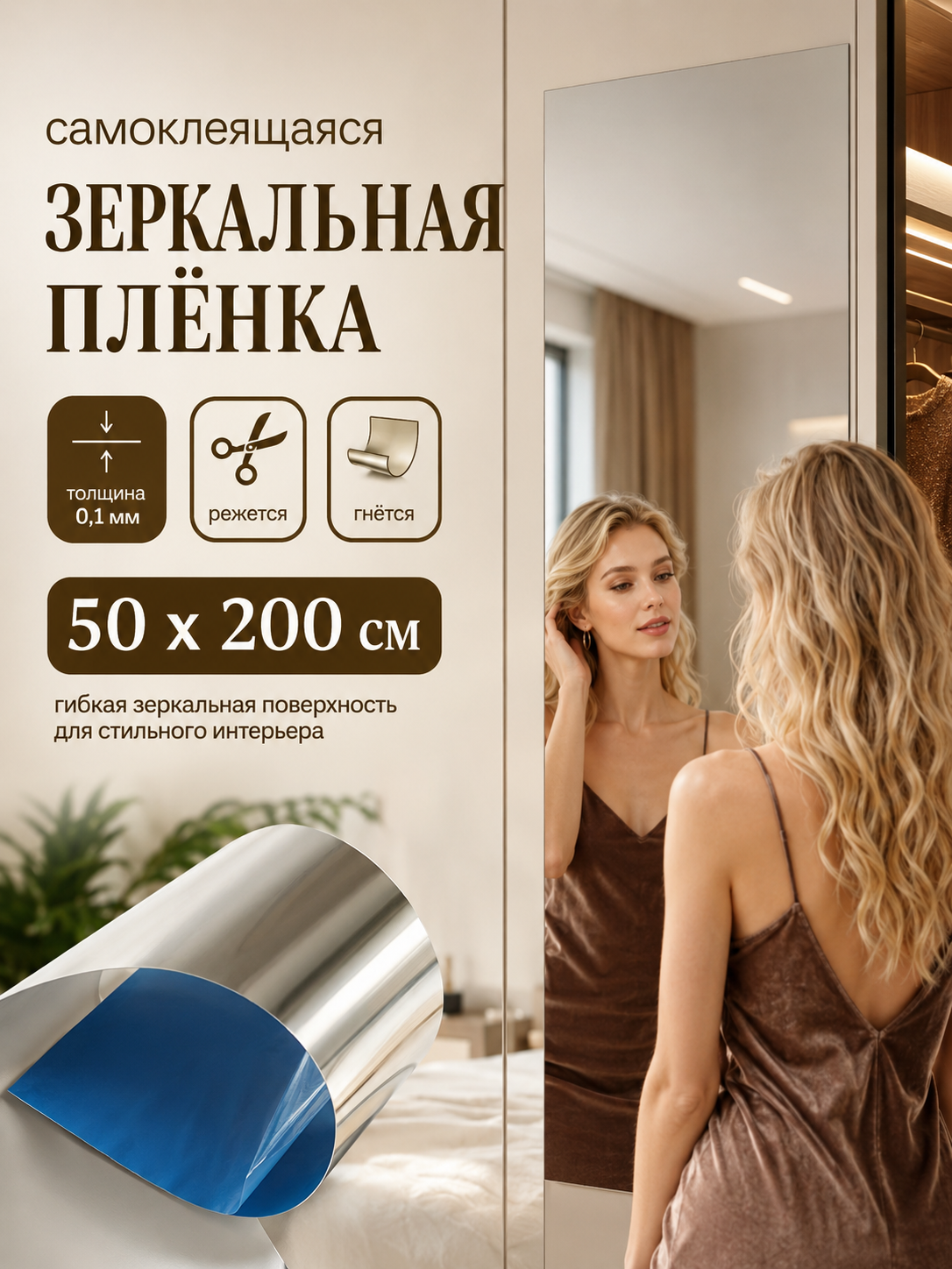 Самоклеящееся гибкое зеркало 50х200 см для стены и шкафа, PET, без рамы (Ширина: 50 см; Высота: 200 см; Цвет товара: голубой/белый)