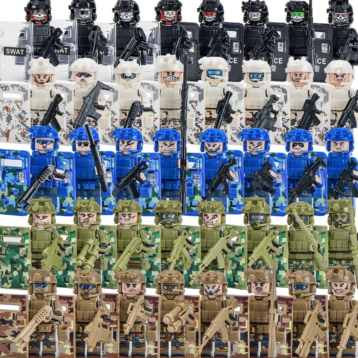 Лего Военные минифигурки Специальные Силы 40-штучный набор с 3 цветовыми пусковыми оружием и коробкой