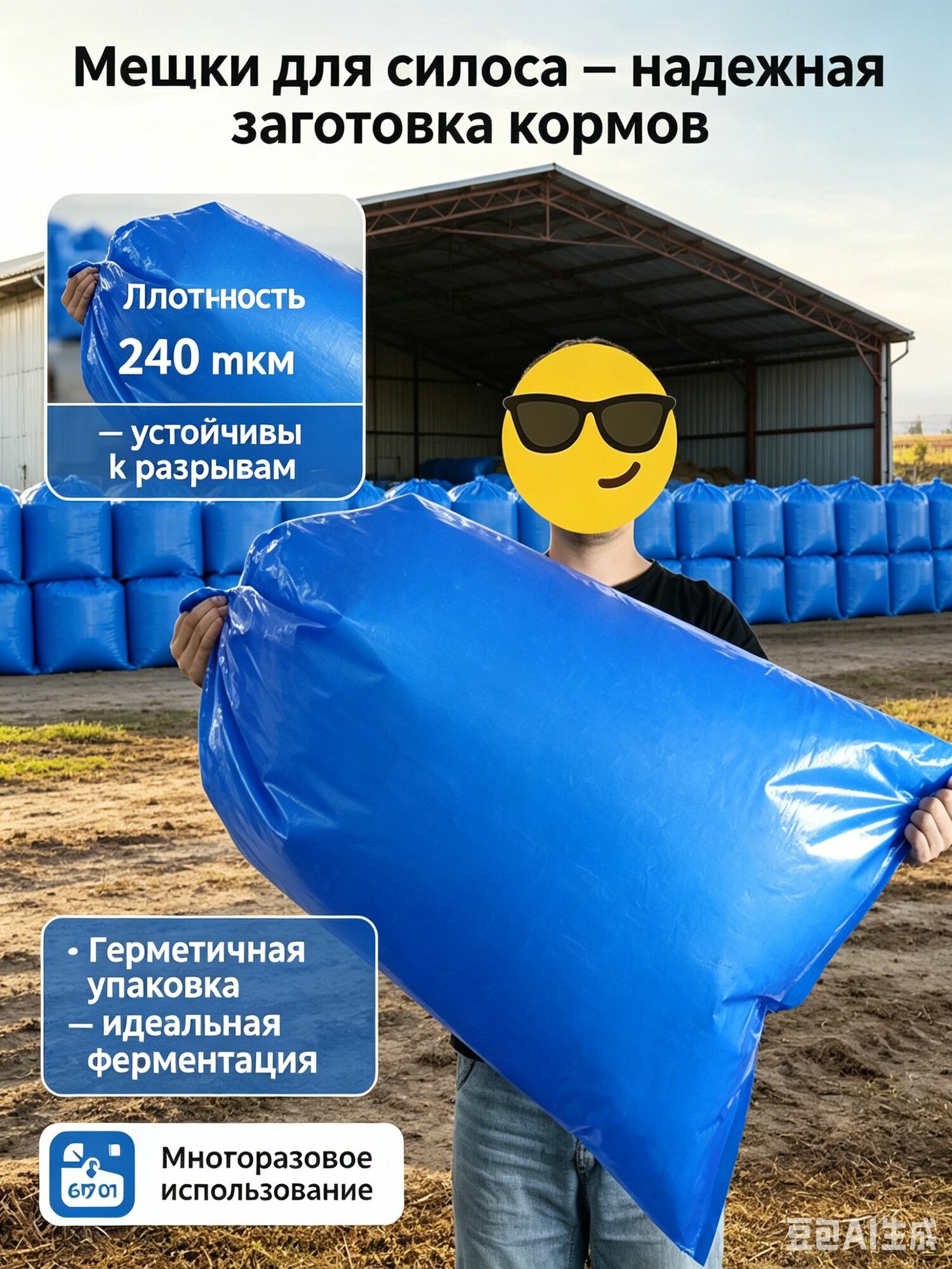 Мешки для силоса и сенажа 240 мкм, прочные пакеты для ферментации корма-усиленные-износостойкие, для хранения соломы и силоса (комплект)