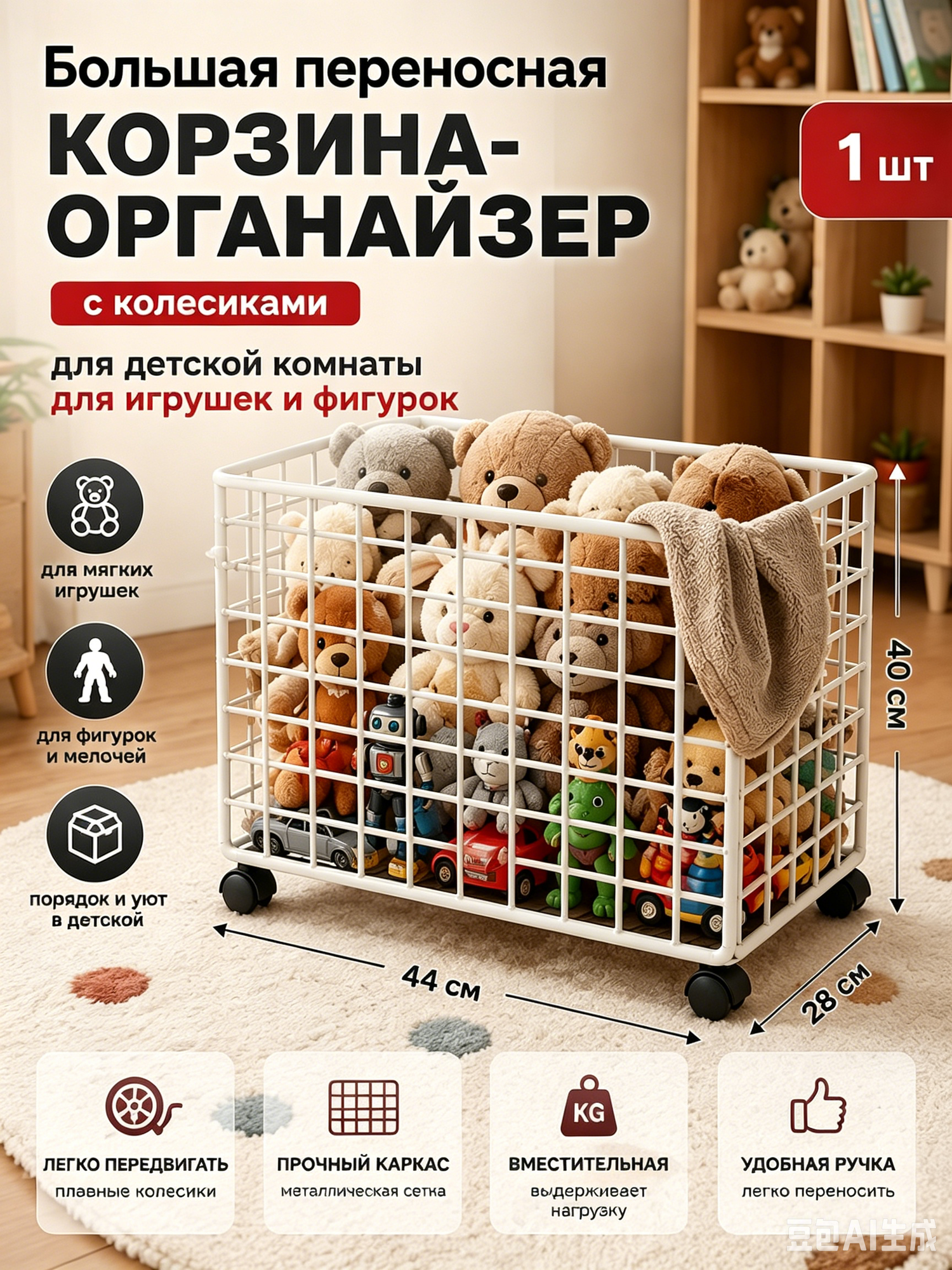 Большая переносная корзина-органайзер с колесиками, для мягких игрушек и фигурок, для детской комнаты, 1 шт