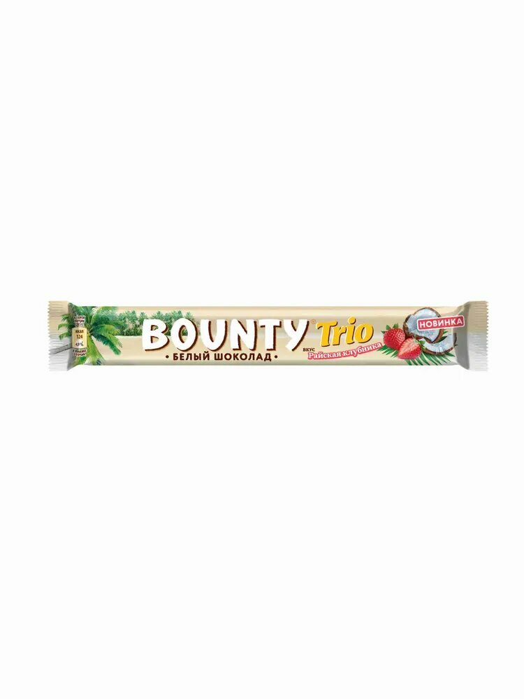 Шоколадный батончик Bounty Trio Райская клубника в белом шоколаде с нежной мякотью кокоса со вкусом клубники, 78 г