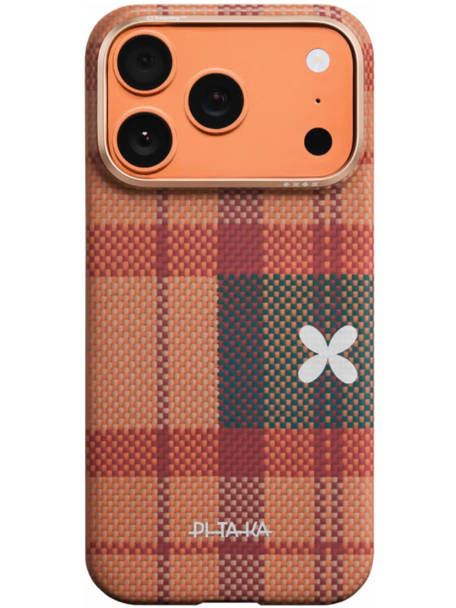 Чехол Pitaka Flora in Grid, для iPhone 17 Pro, ударопрочный, оранжевый