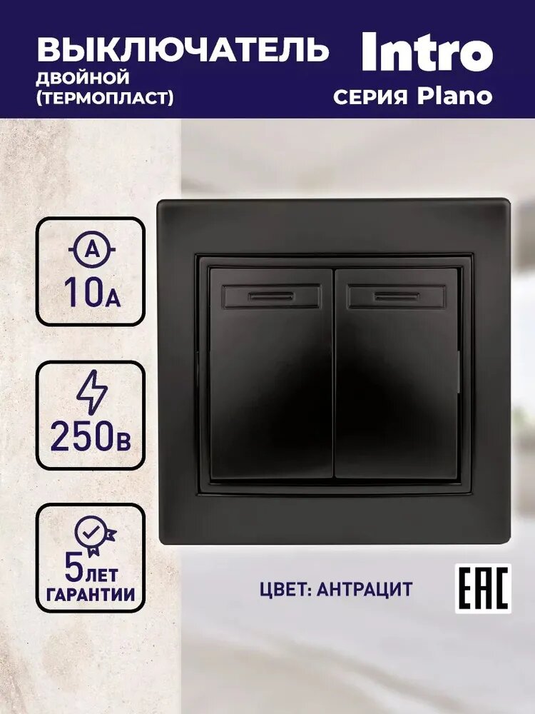 Выключатель Intro Plano 1-104-05 двухклавишный 10А-250В IP20 СУ черный
