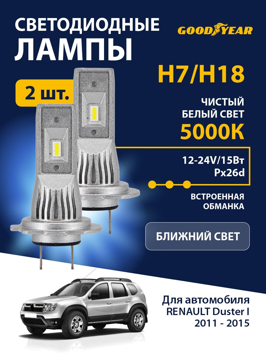 Светодиодные лампы H7 H18 RENAULT Duster 1 (рено дастер 1 ) 2011 - 2015 ближний свет (5000К чистый белый свет)