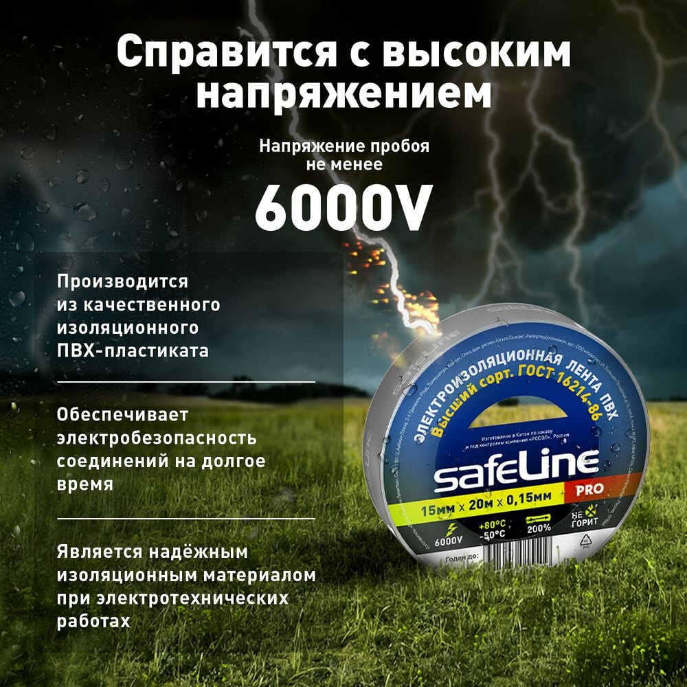Изолента ПВХ Safeline 15 мм x 20 м серо-стальная 11940 — фото 1