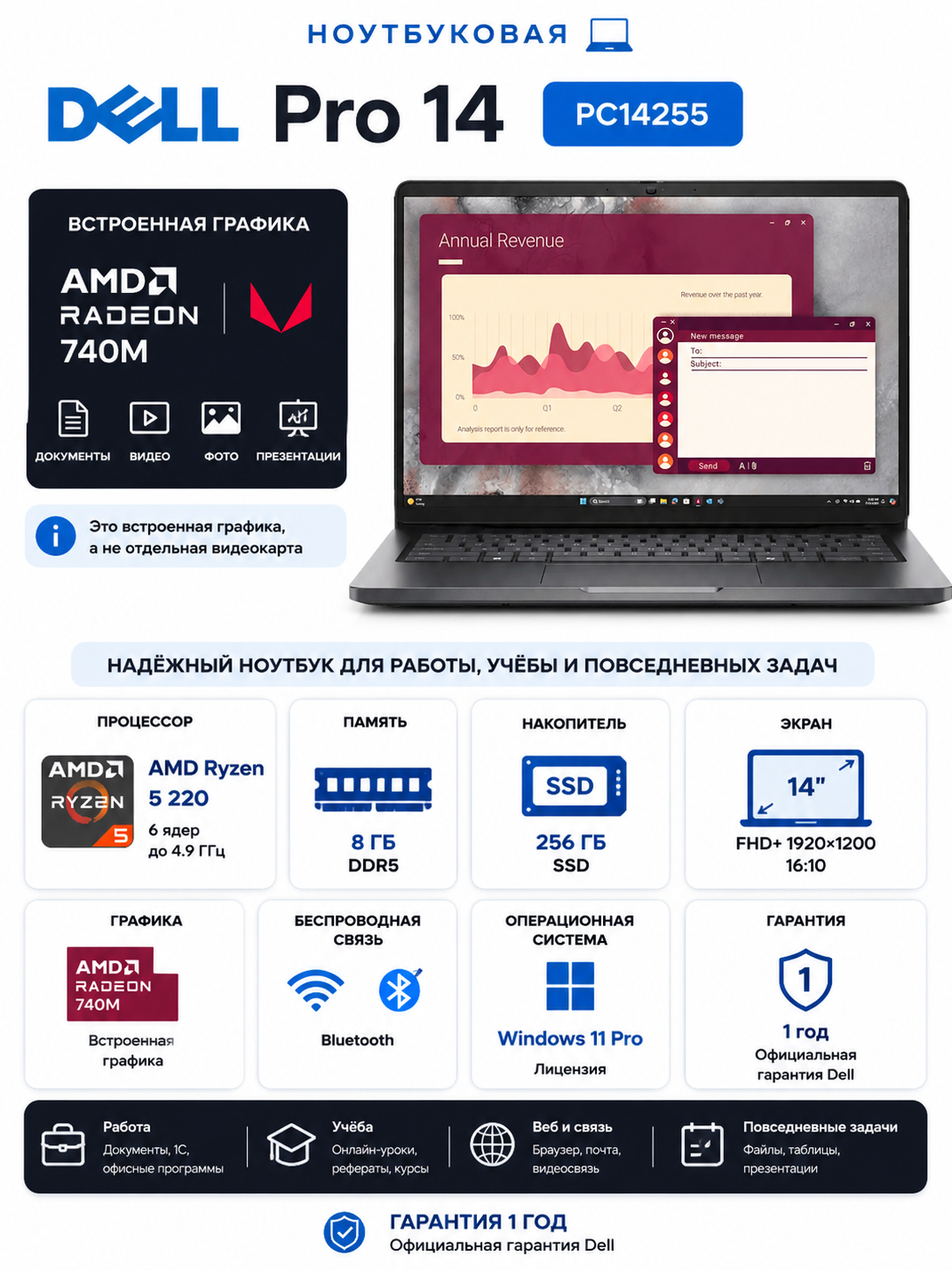 Ноутбук Dell Pro 14 (Ryzen 5, 8 ГБ, 256 ГБ, FHD+, Win 11 Pro) Серый