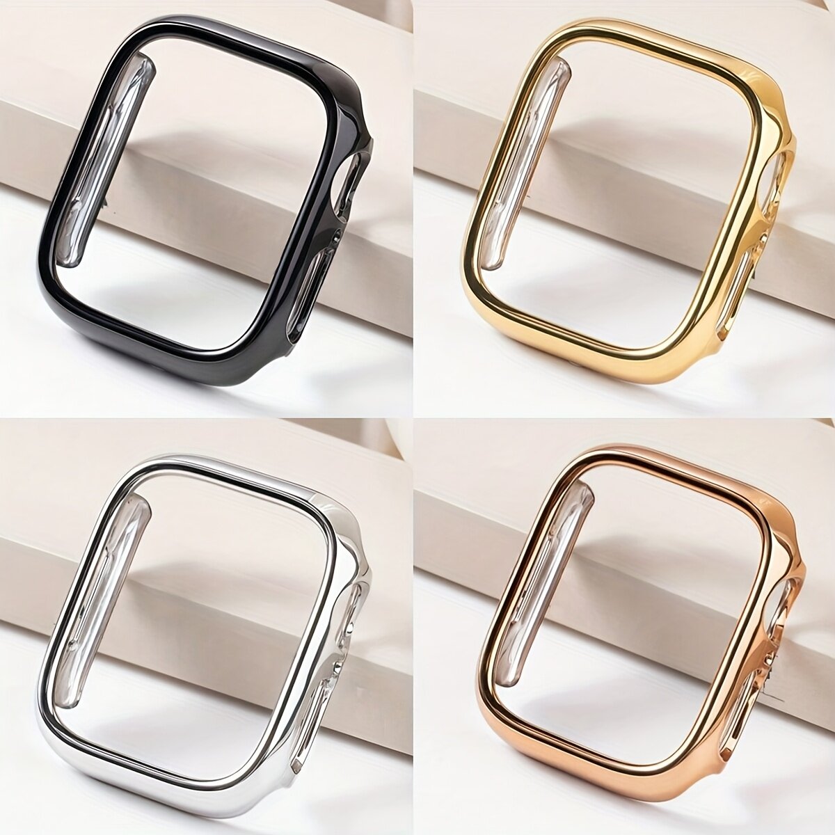 Набор из 4 защитных чехлов для Apple Watch 40/41/42/44/45/46/49 мм, для серий Ultra/SE/11/10/9/8/7/6/5/4, полый дизайн, цвет: черный + золотой + серебряный + розовое золото, размер 49 мм