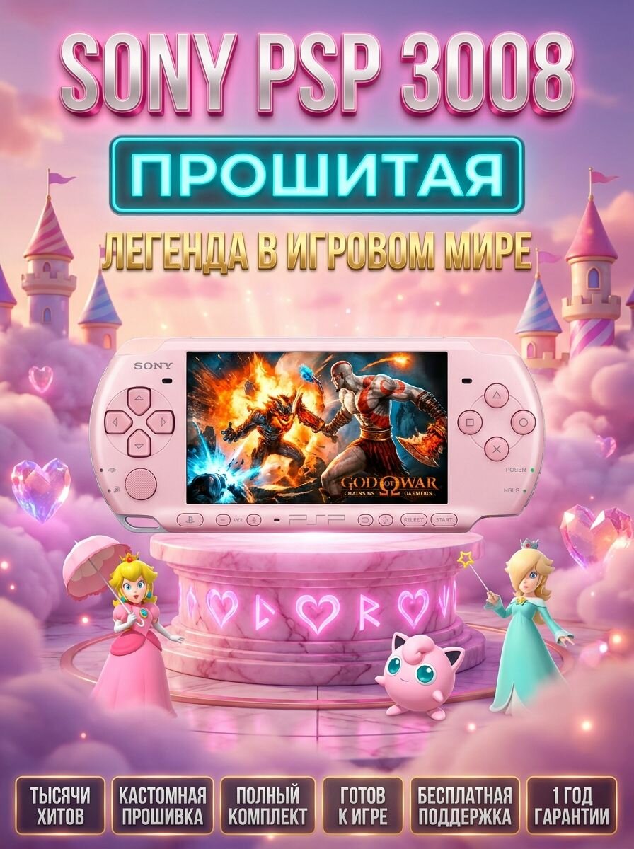 Новая игровая консоль Sony PSP 3008 Slim Розовый 64Gb 3020 ИГР