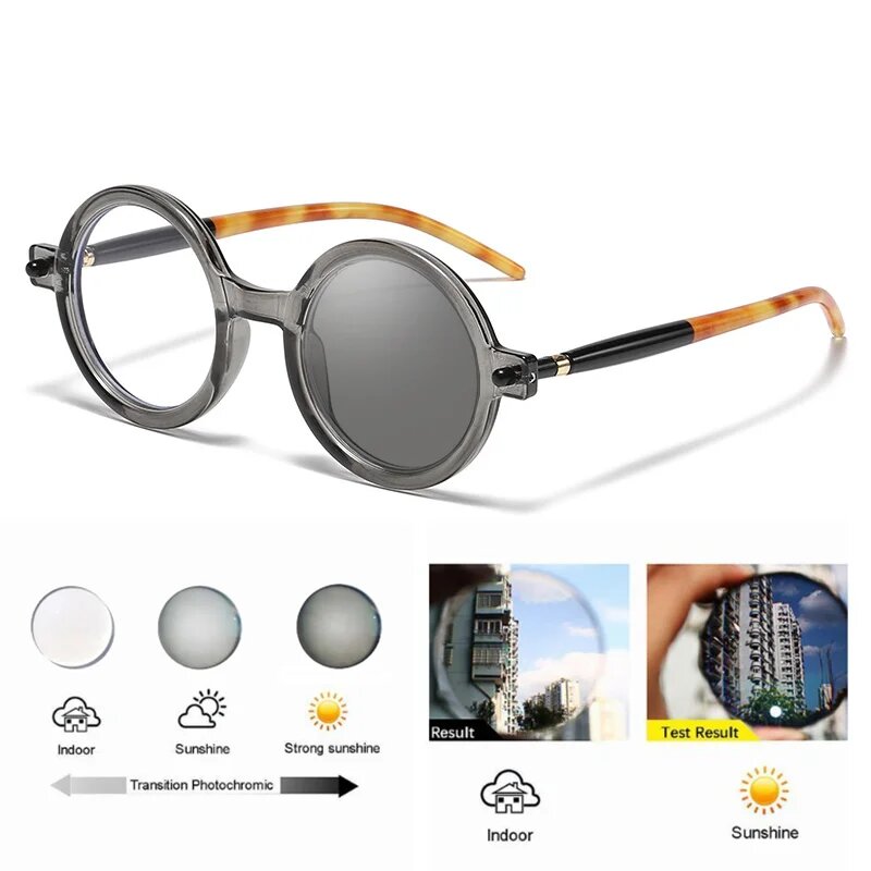 FELRES Взрослые круглые фотохромные очки для чтения Gray, Photochromic 0, Серый