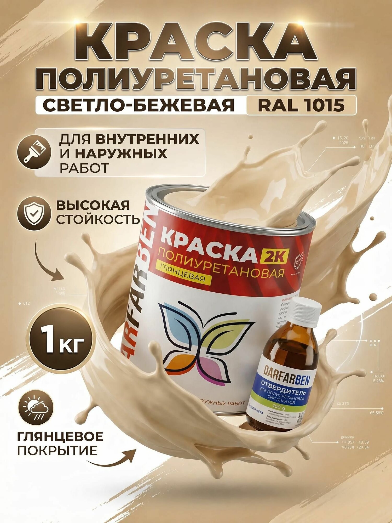 Полиуретановая краска по дереву, металлу, бетону, пластику светло-бежевая 1 кг глянцевая DARFARBEN декоративная эмаль для фасада, забора, крыши, дверей, окон ПВХ, мебели и пола