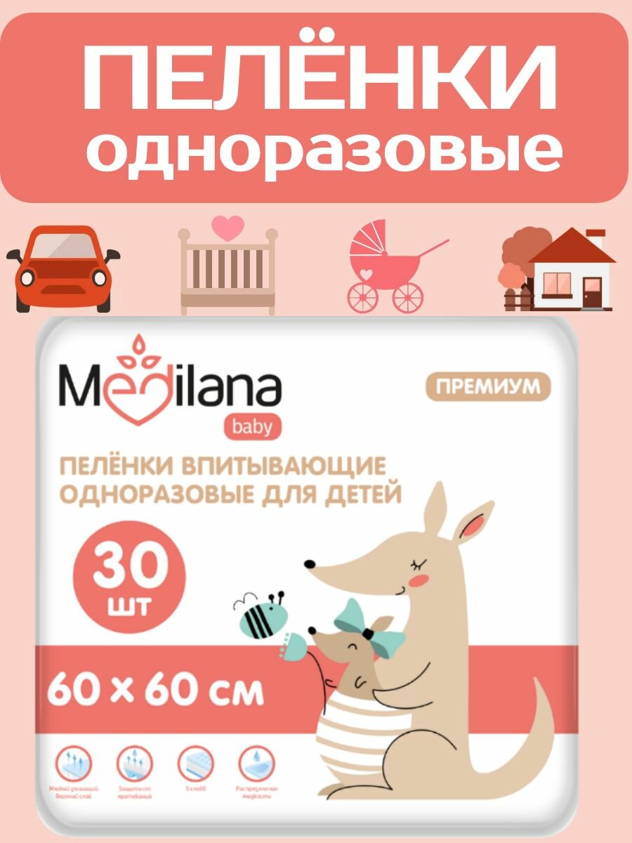 Пеленки одноразовые детские впитывающие MEDILANA 60х60, 30 шт