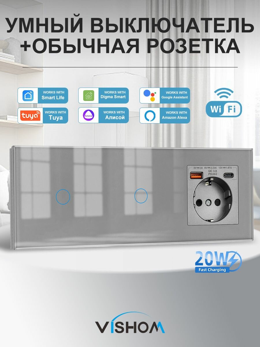 Умный сенсорный WIFI выключатель с розеткой USB и Type C портами в одной стеклянной рамке, серый, 2 клавиши + 1 обычные розетка с usb быстрая зарядка