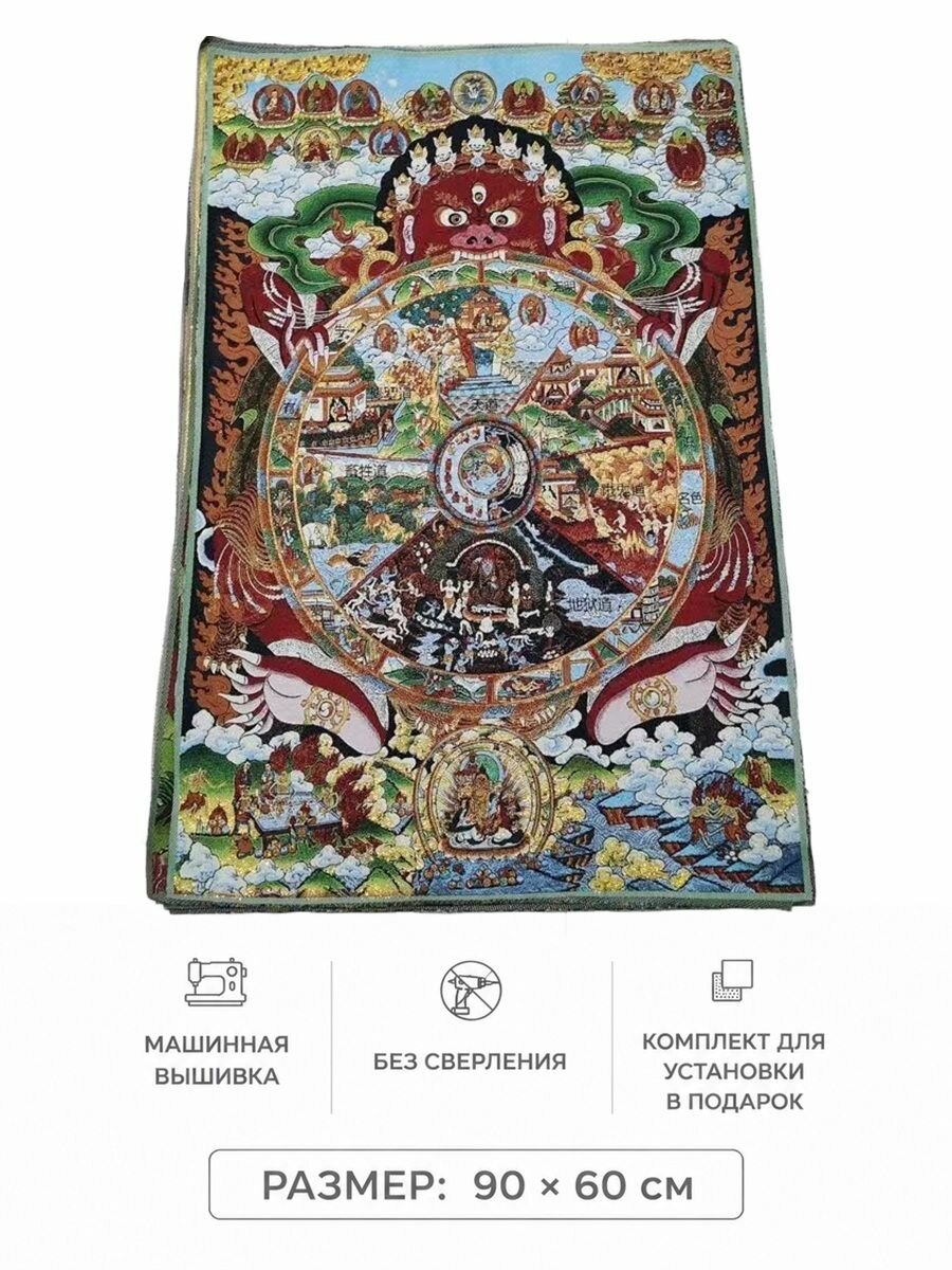 Тханка буддийская "Колесо сансары", вышитая картина, 90x60 см, для алтаря, медитации и интерьера