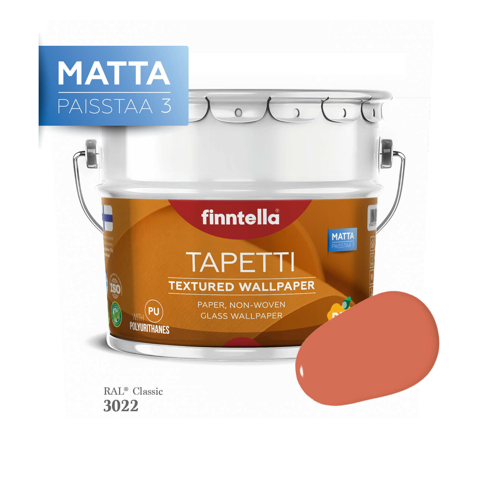 Матовая краска для обоев под окраску TAPETTI Matta FINNTELLA, Цвет RAL 3022 Лососево-красный (Salmon pink), 9л