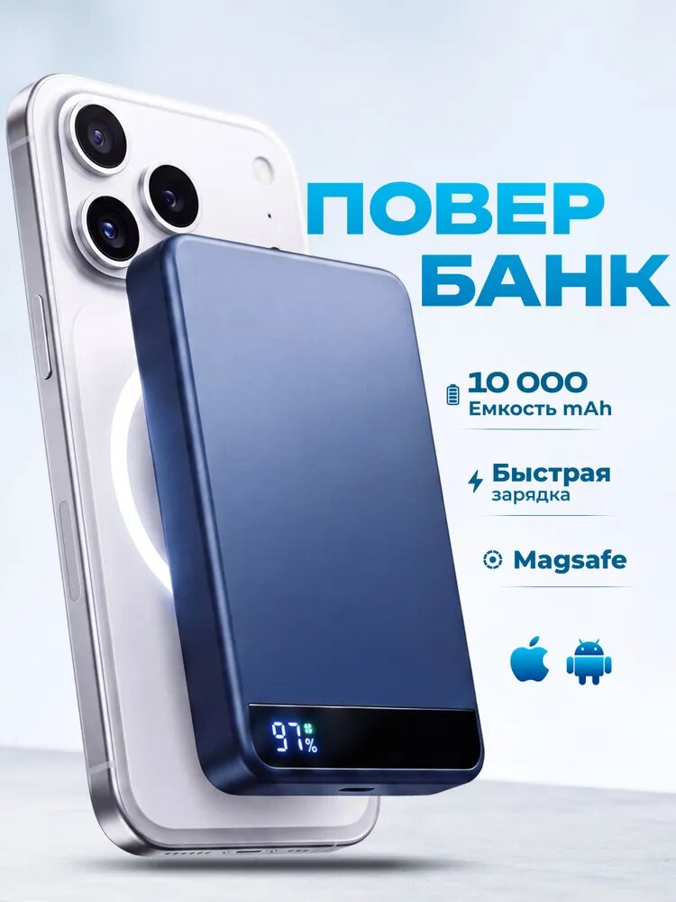 Повербанк MagSafe для iPhone 10000 mAh / Портативная беспроводная быстрая зарядка / Повербанк для телефона, магнитный внешний аккумулятор на айфон