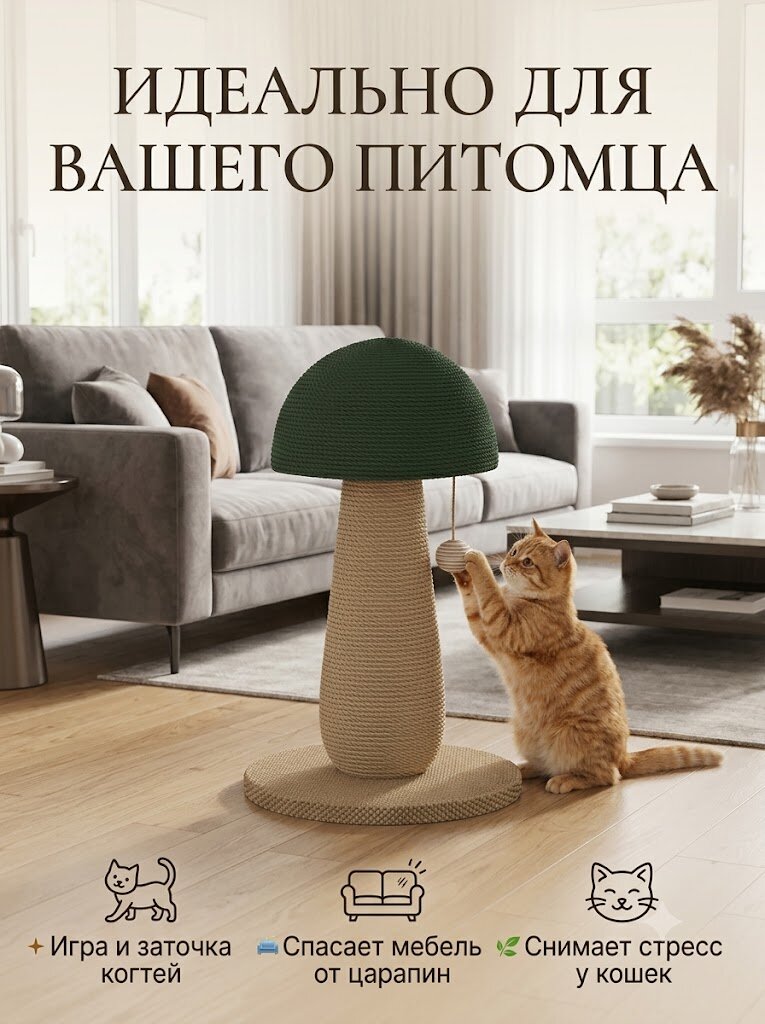 Когтеточка столбик для кошек, сизалевая, форма гриба с игрушкой, 36х30 см