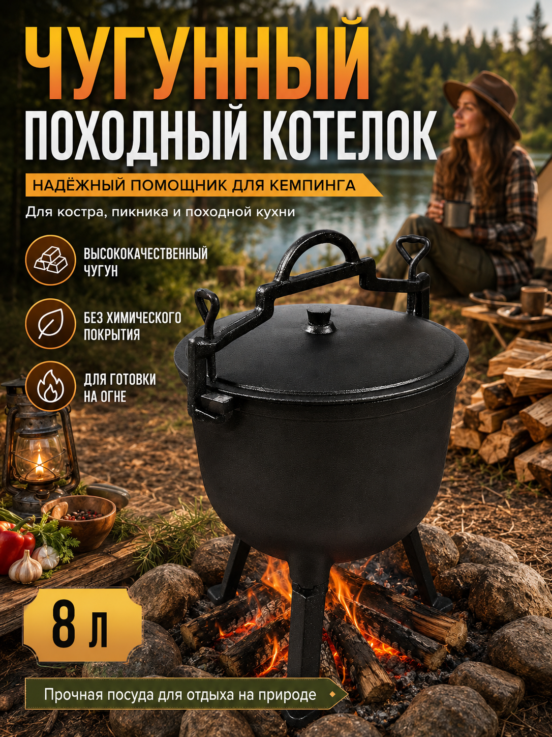 Чугунная уличная кастрюля для приготовления пищи с крышкой и треногой