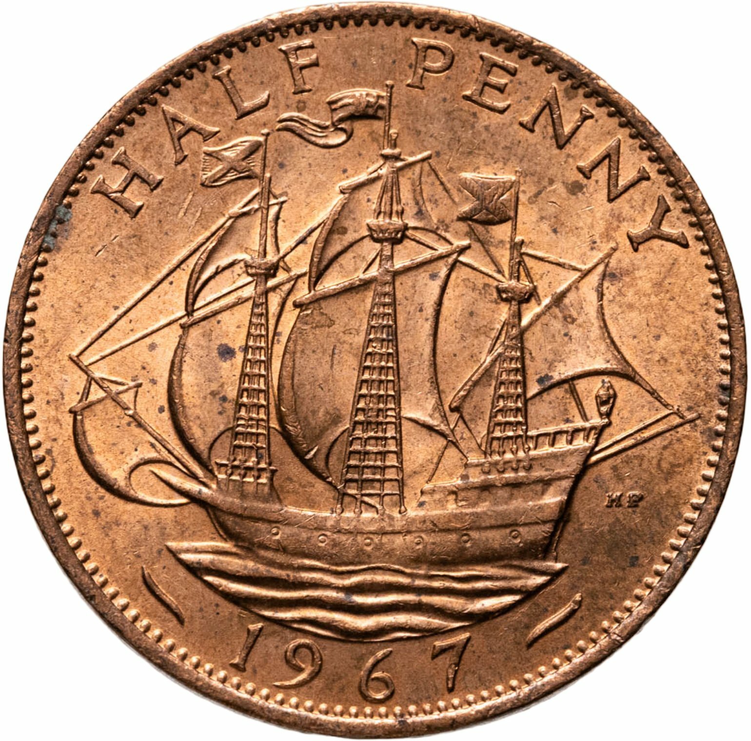 Великобритания 1/2 пенни penny 1967, Бронза, в сохранности AU