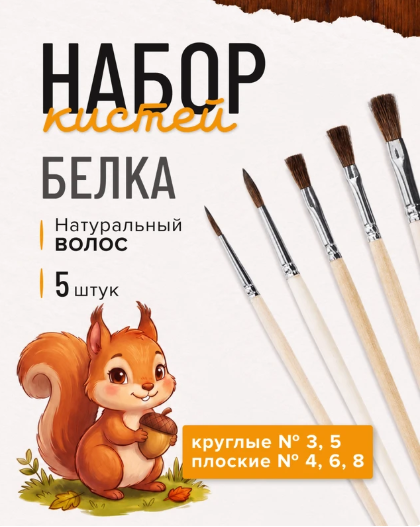 Набор кистей "Белка", 5 шт, размер круглые № 3, 5; плоские № 4, 6, 8.