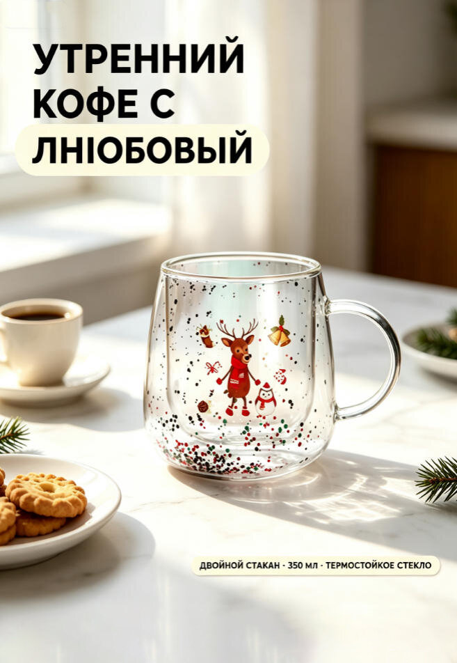 Кружка "Олень", высокоборосиликатное стекло, с ручкой, термозащита, 350мл