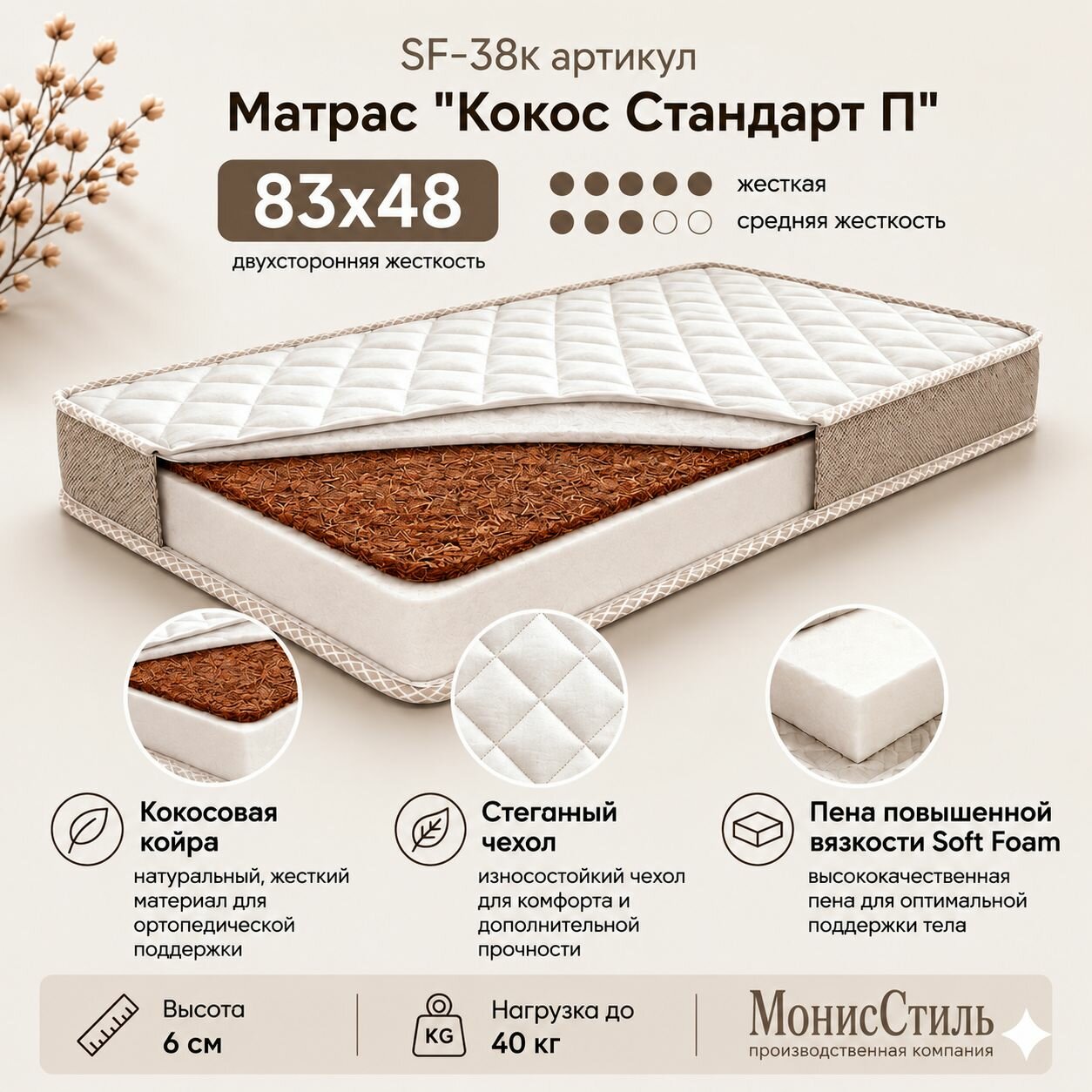 Матрас Кокос Стандарт детский 83*48*6 см арт. SF-38к