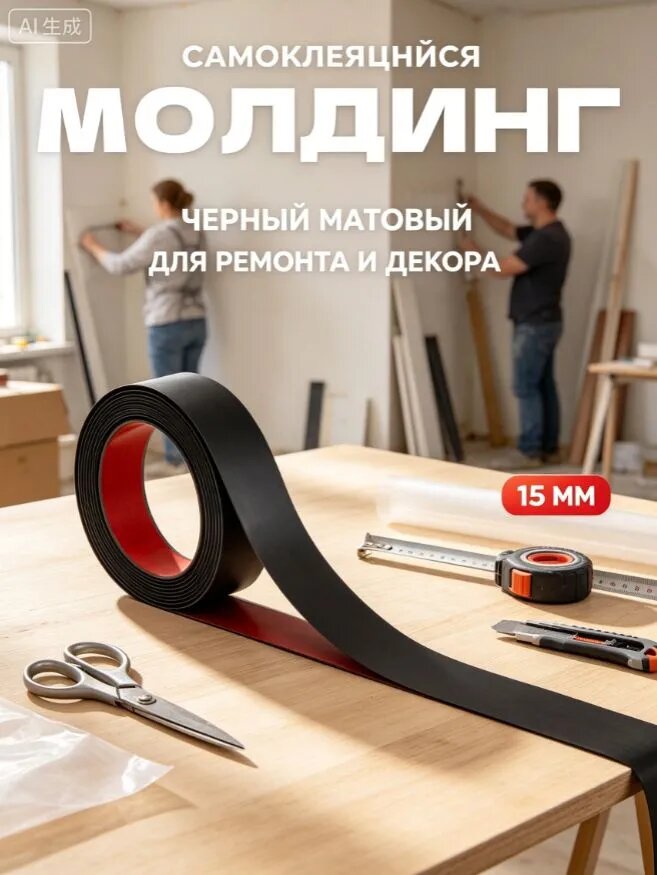 Молдинг декоративный самоклеящийся, для декора стен, нишь, выделения зон 15 мм х 5000 мм (металлический) чёрный матовый