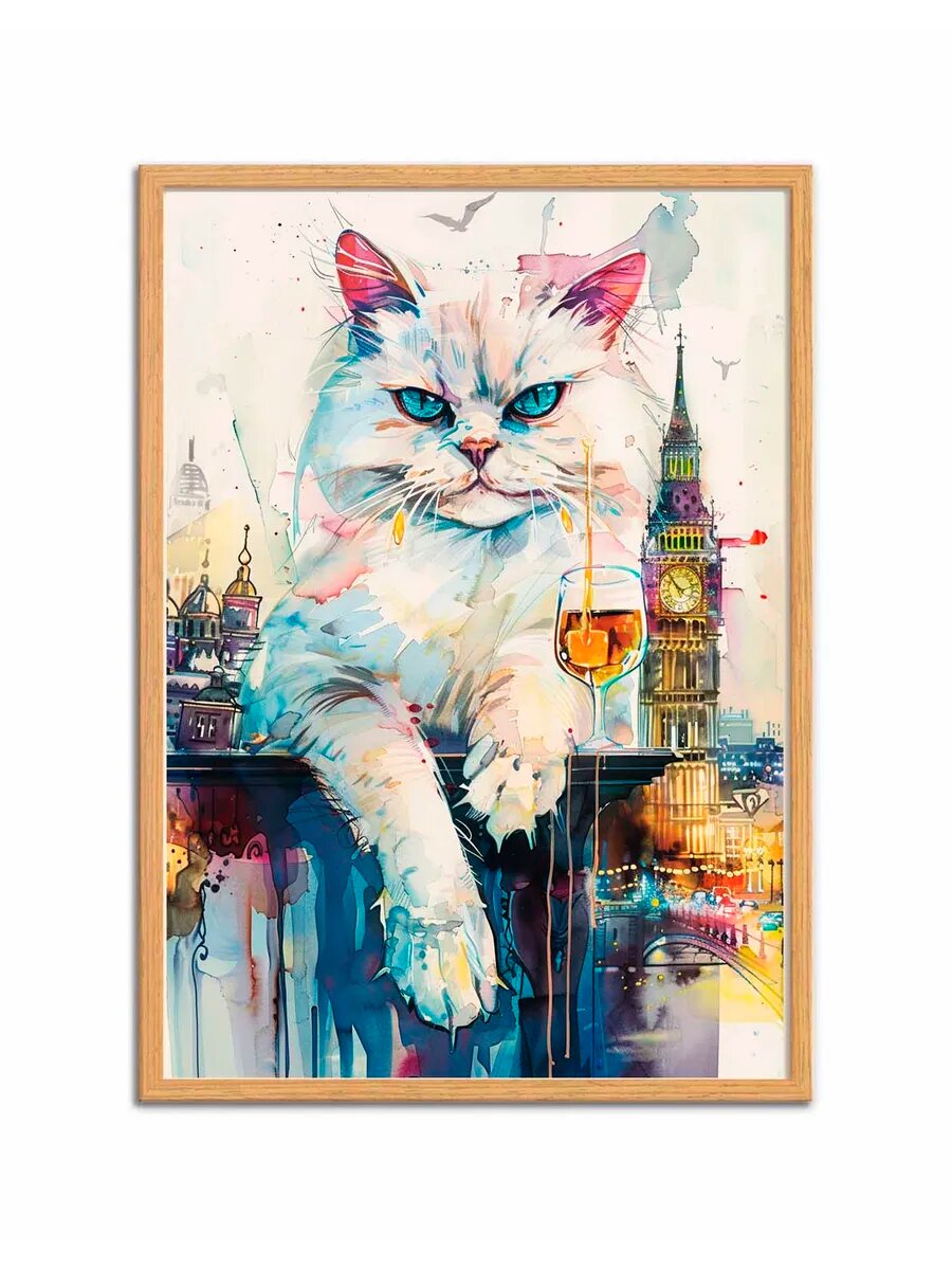 Бирманский кот пьет Виски 2, Плакат 30x42см