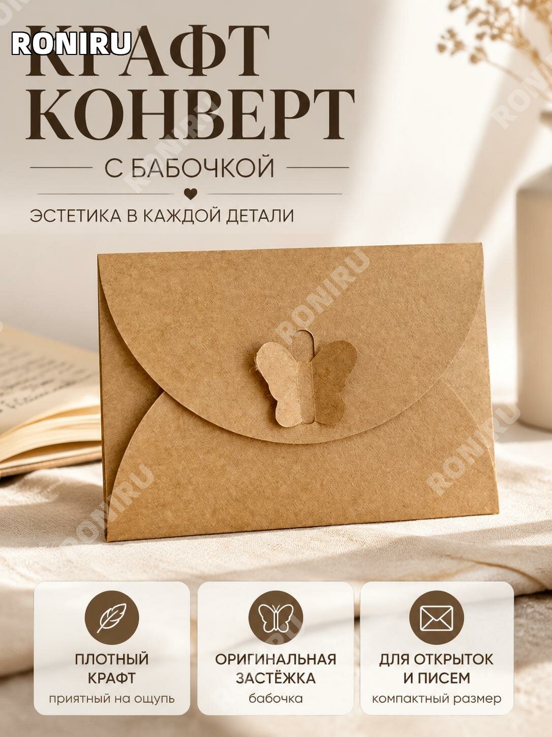 Конверт из крафт-бумаги ретро, малый, с бантом и сердечком