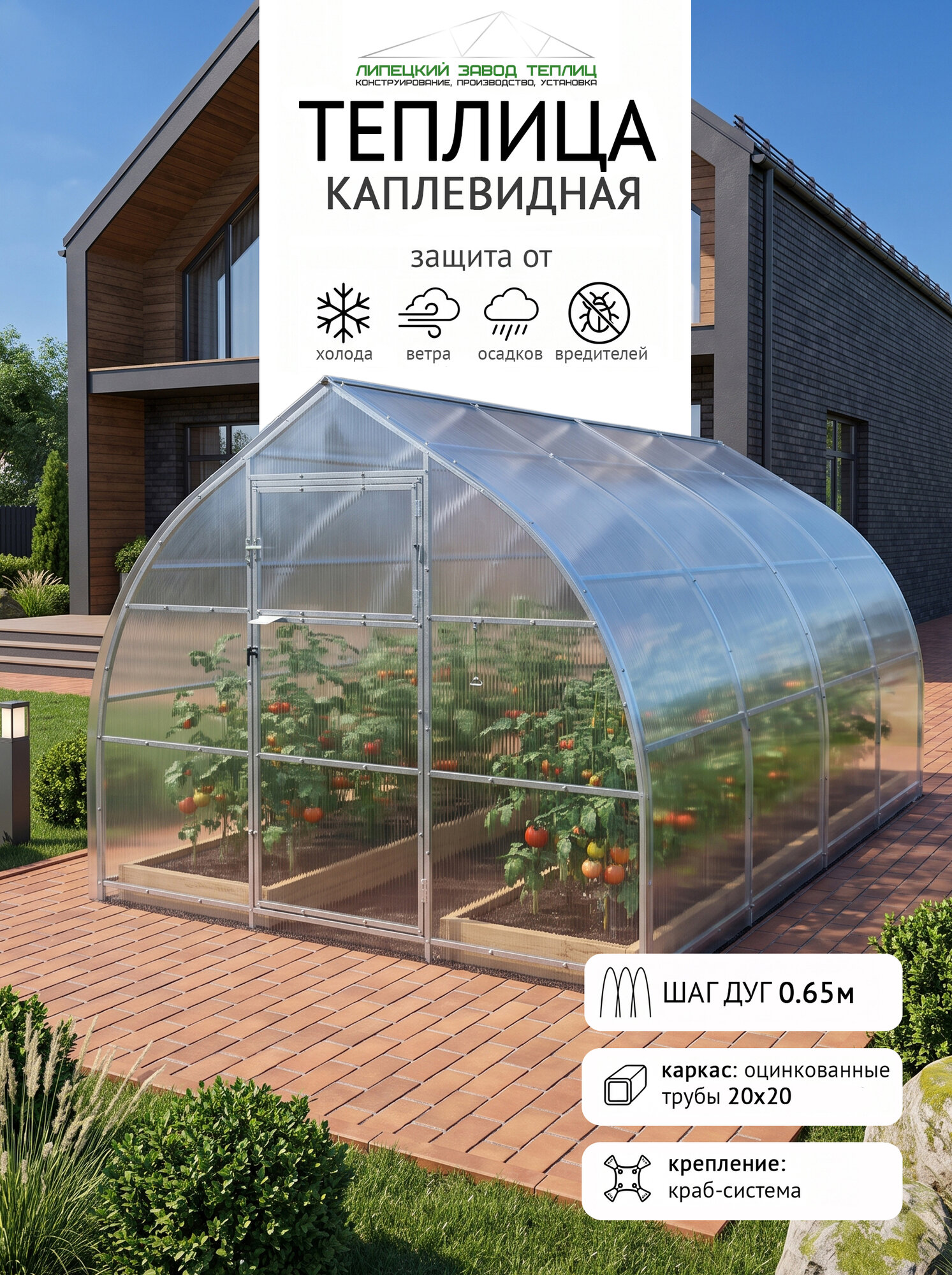 Теплица из поликарбоната каплевидная 20х20 мм 3х6 м шаг 0,65 м