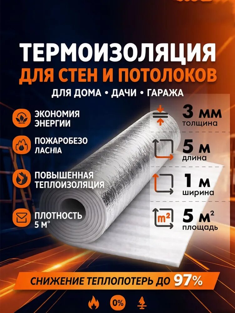 Теплоизоляция отражающая 3мм 5м2, подложка для теплого пола, утеплитель для стен