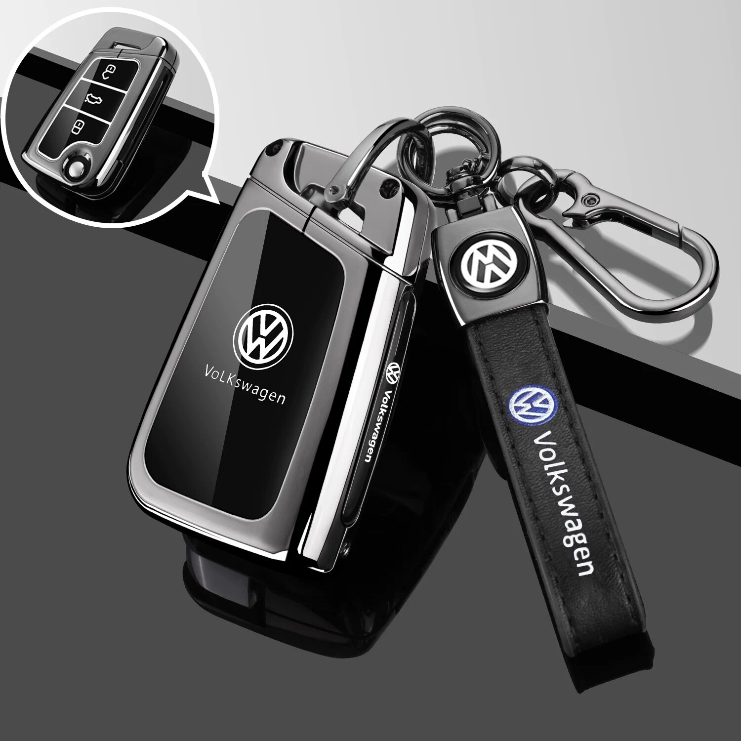 Крышка для брелока Volkswagen Golf 7 - золотой цинковый сплав с логотипом-ремешком (2014-2020 гг.)